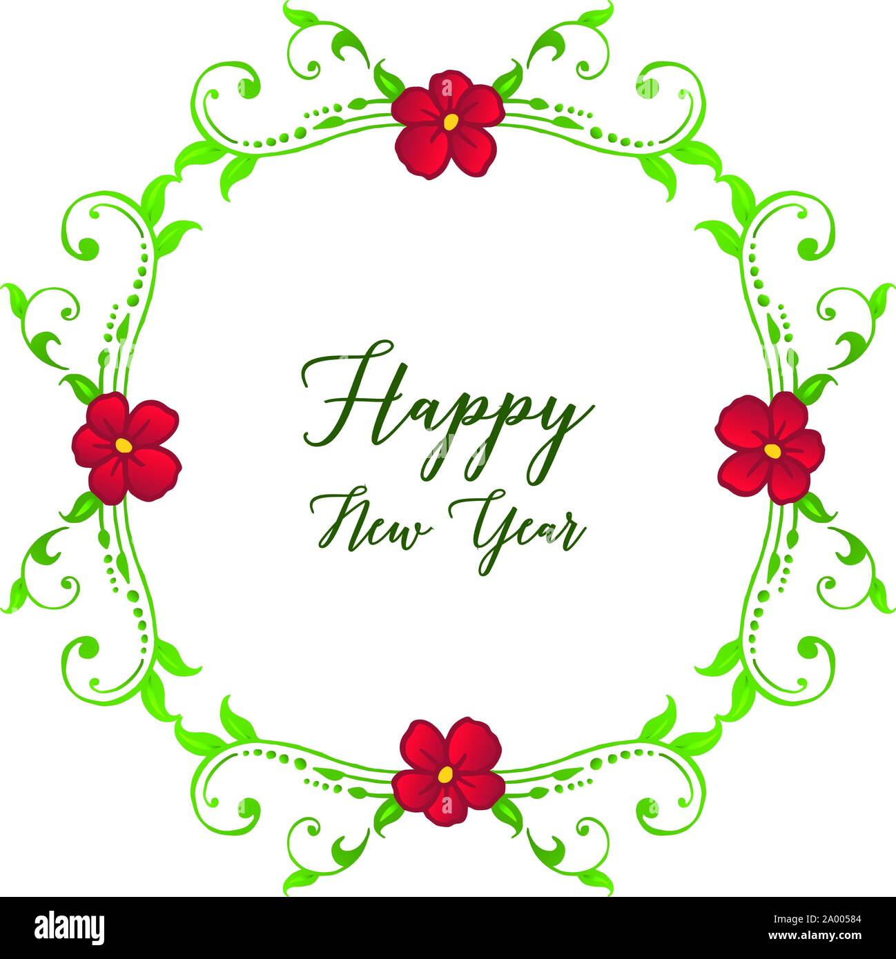 Creative card happy new year, with plant of green leaves frame and red ...