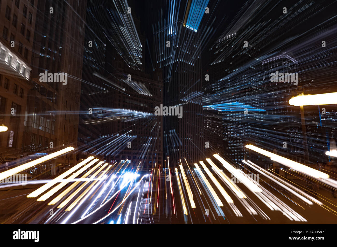 Long exposure picture with light rays effect in Chicago . IL , Downtown ...