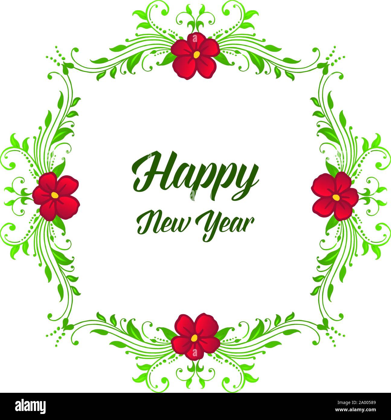 Creative card happy new year, with plant of green leaves frame and red ...