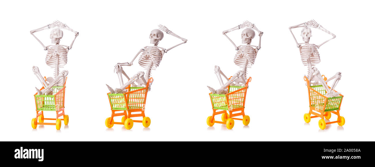 The skeleton with shopping cart trolley isolated on white Stock Photo ...