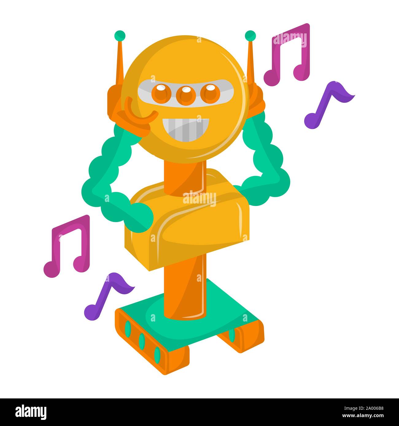 Happy robot toy with musical notes on a white background - Vector Stock ...