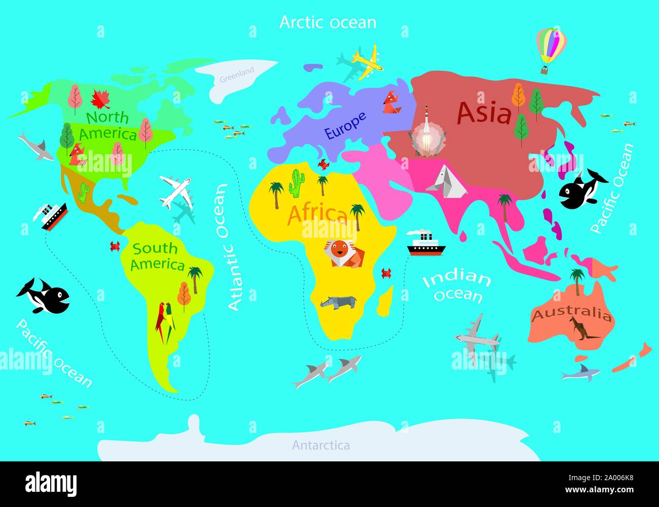 Children's illustrated geographic map of the world. Vector illustration ...
