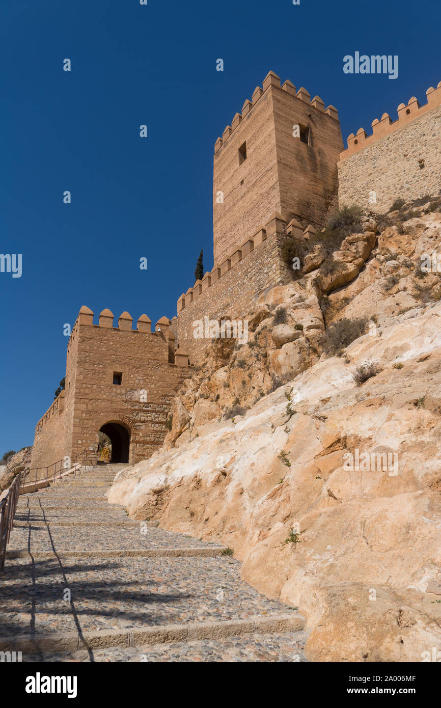 Almeria medieval castle panorama with blue sky from the air in ...