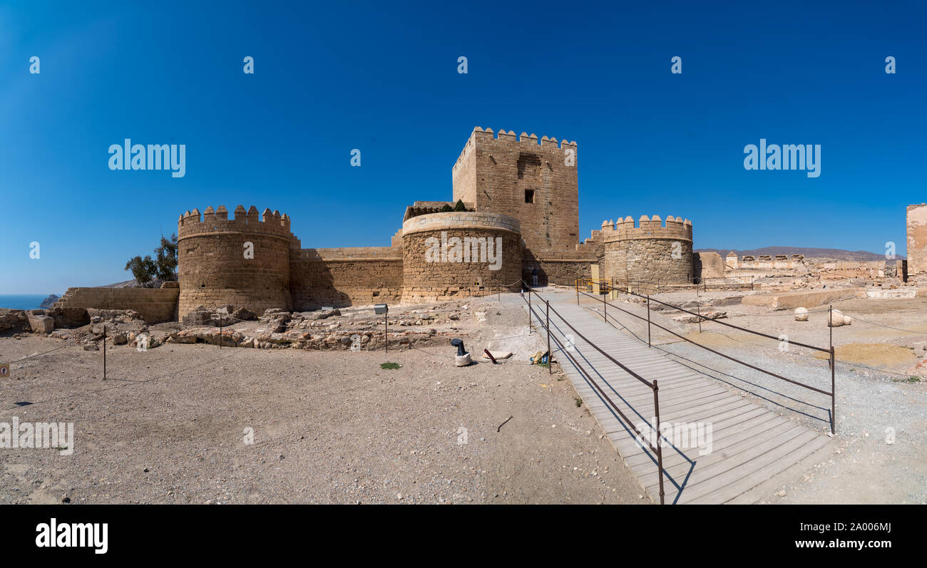 Almeria medieval castle panorama with blue sky from the air in ...
