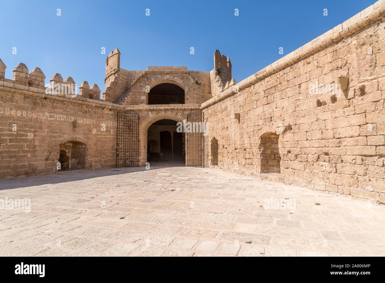 Almeria medieval castle panorama with blue sky from the air in ...