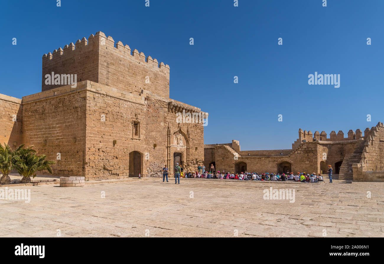 Almeria medieval castle panorama with blue sky from the air in ...