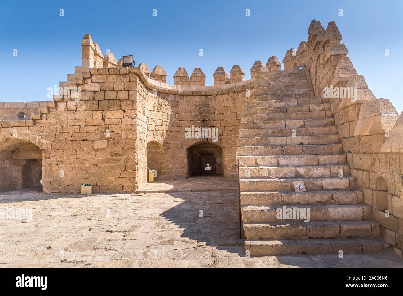 Almeria medieval castle panorama with blue sky from the air in ...