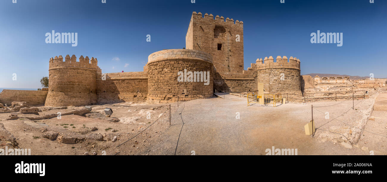 Almeria medieval castle panorama with blue sky from the air in ...