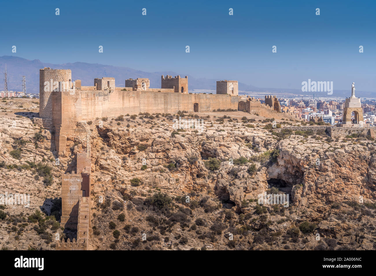 Almeria medieval castle panorama with blue sky from the air in ...