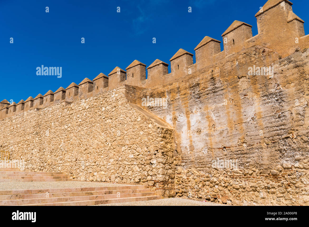 Almeria medieval castle panorama with blue sky from the air in ...