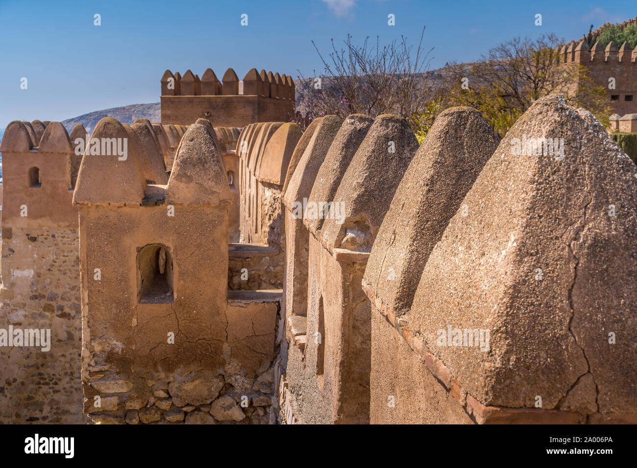 Almeria medieval castle panorama with blue sky from the air in ...