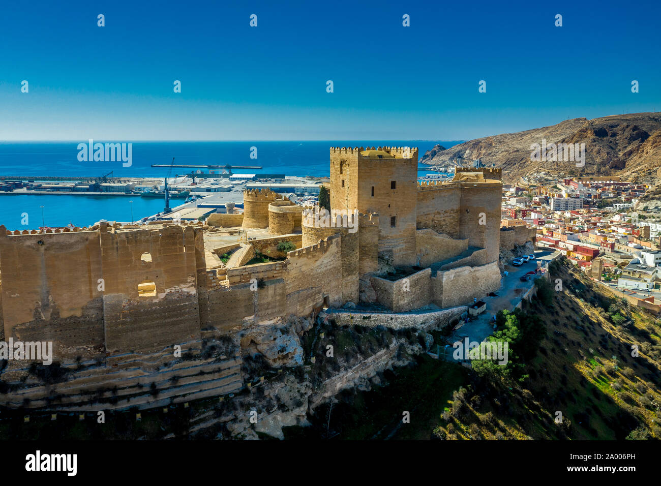 Almeria medieval castle panorama with blue sky from the air in ...