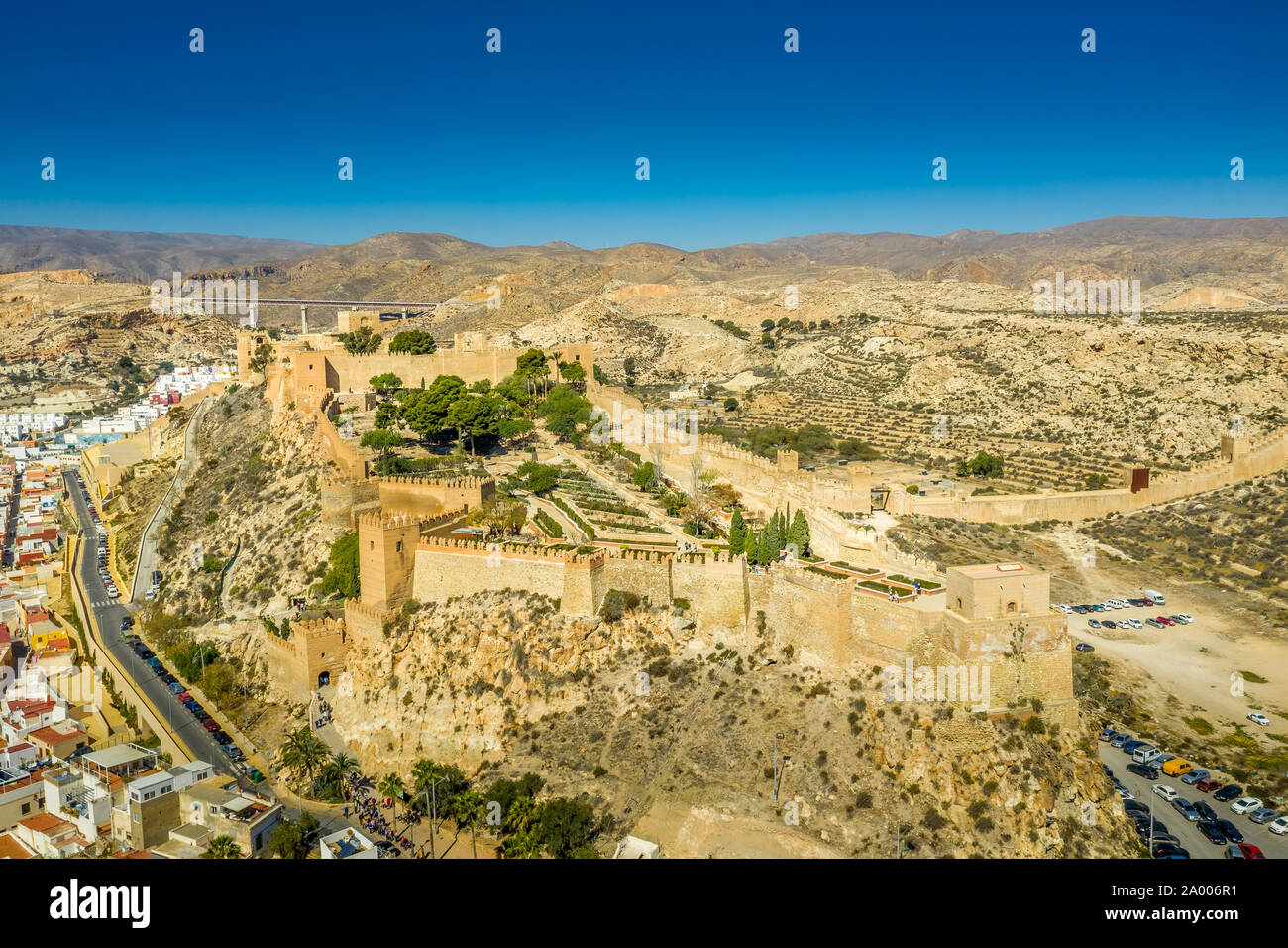 Almeria medieval castle panorama with blue sky from the air in ...
