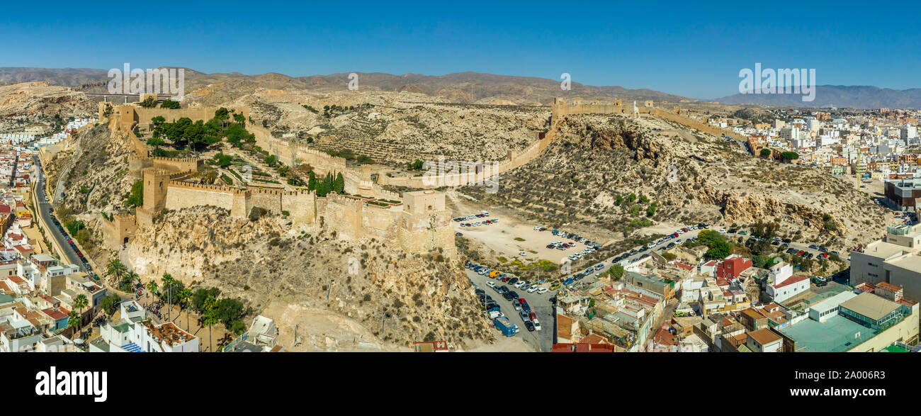 Almeria medieval castle panorama with blue sky from the air in ...