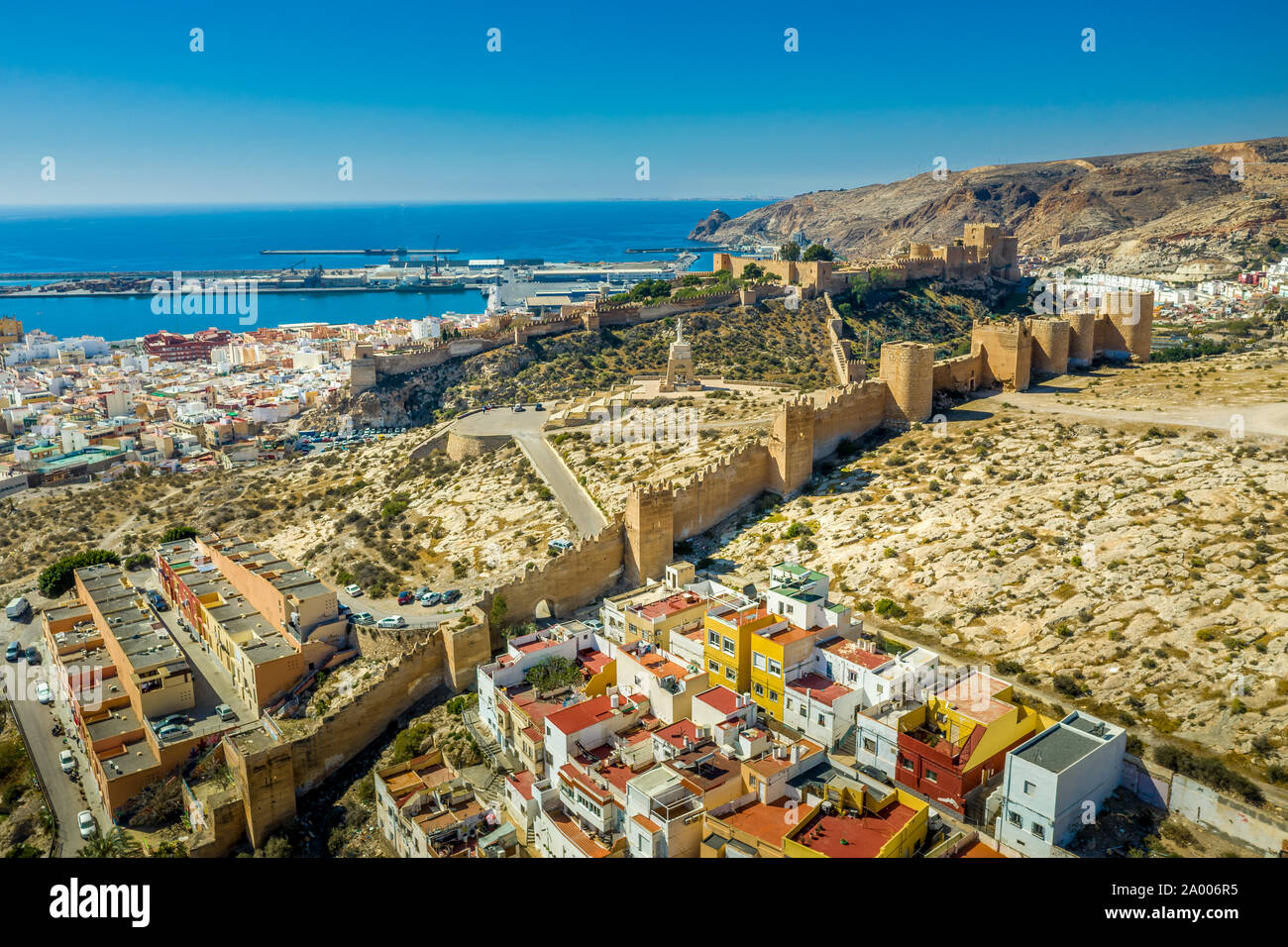 Almeria medieval castle panorama with blue sky from the air in ...