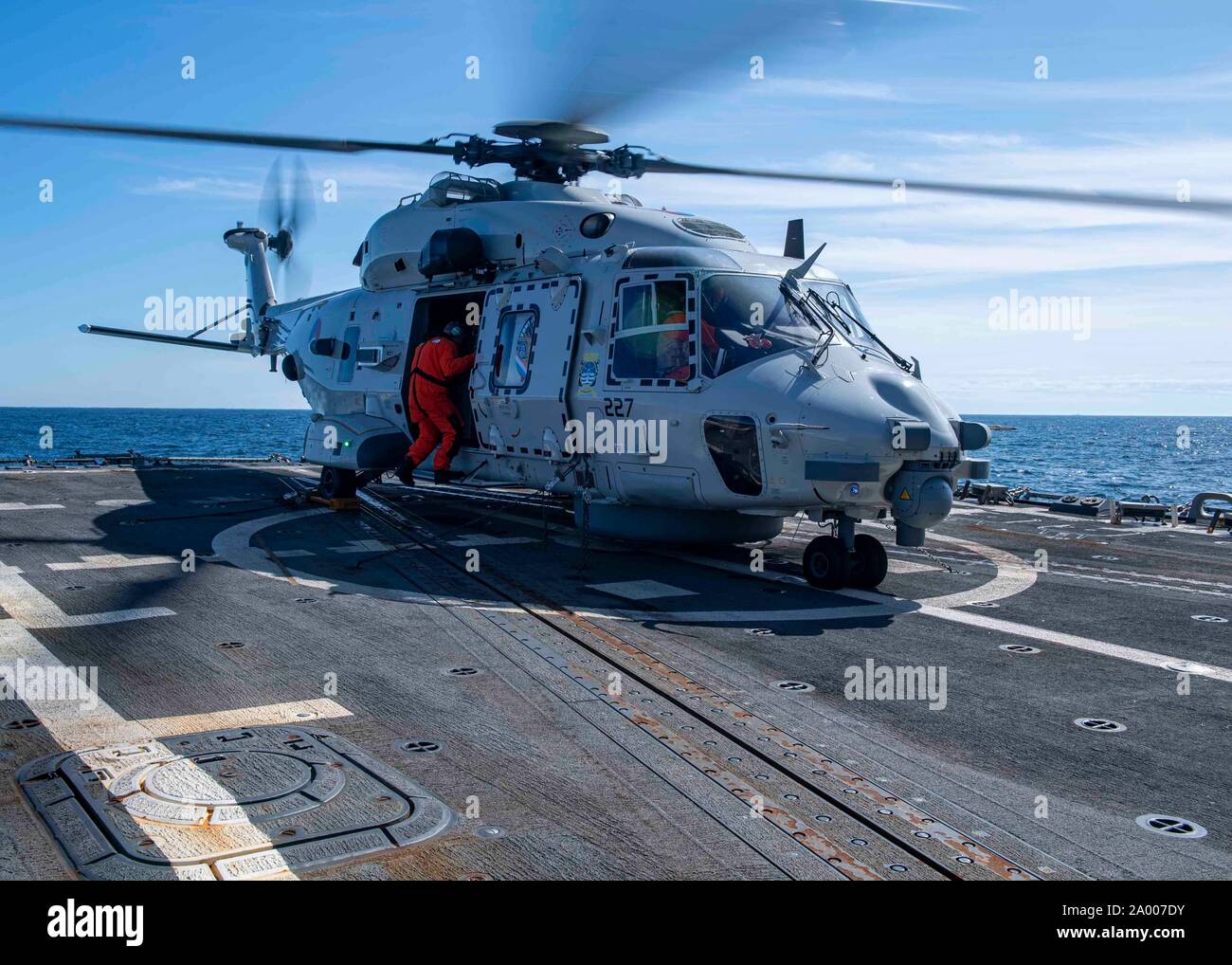 190916-N-UB406-0038 ATLANTIC OCEAN (Sept. 16, 2019) An NH90 helicopter ...