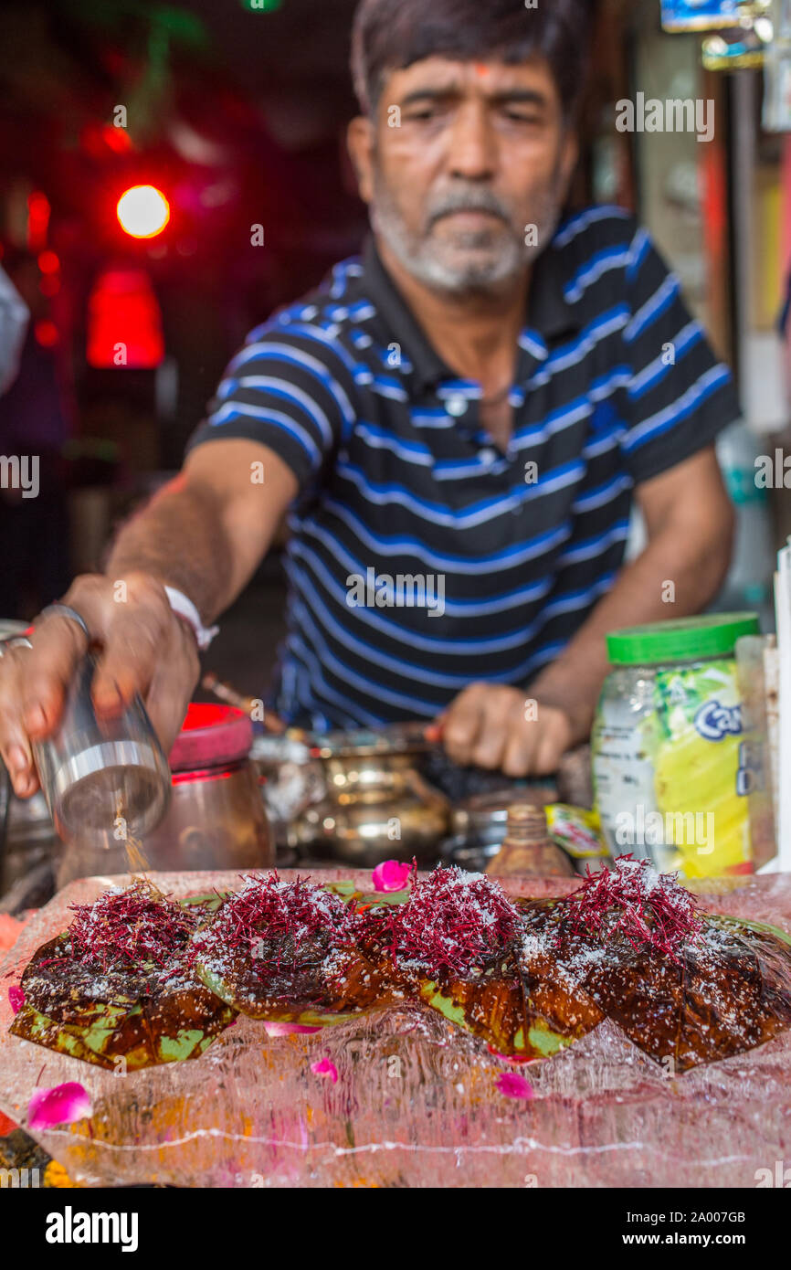 Paan, an Indian mix of betel leaf with areca nut and sometimes tobacco ...