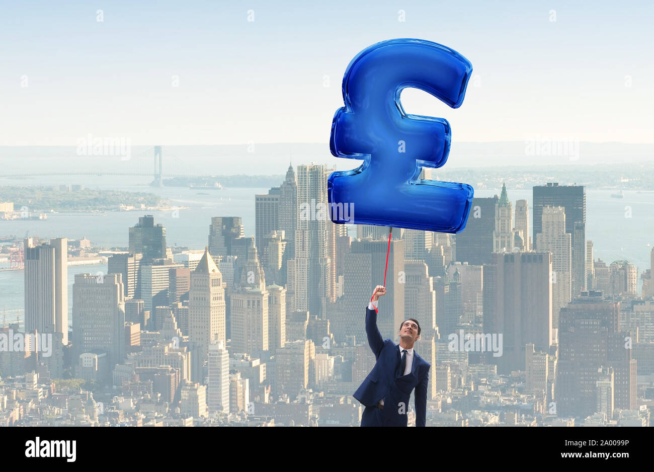 The businessman flying on british pound sign inflatable balloon Stock ...