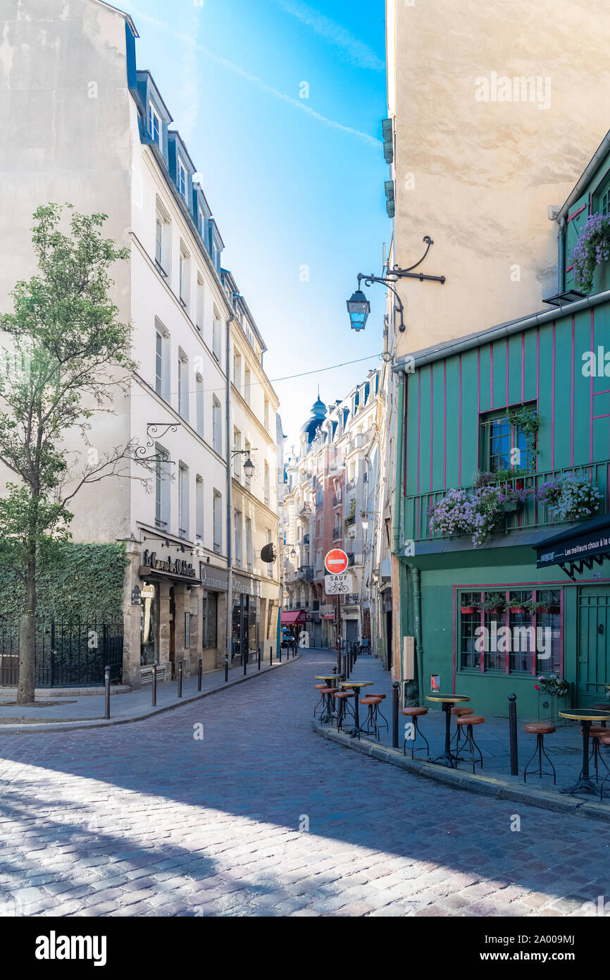 Paris, France, parisian coffee and restaurant in a pedestrian street ...