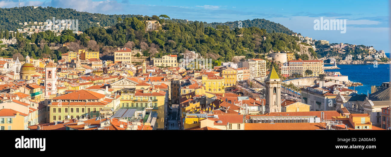 Nice, aerial view of the old town, on the French Riviera, with the ...