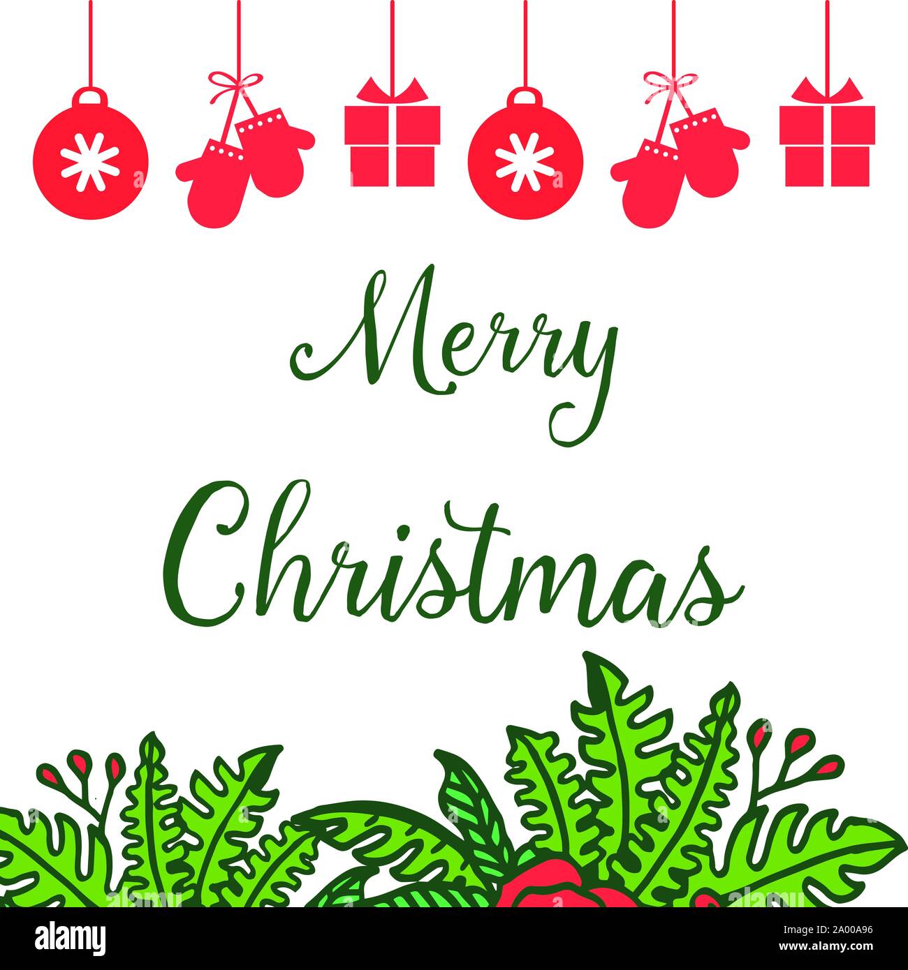 Greeting card merry christmas, style of green leaf flower frame ...