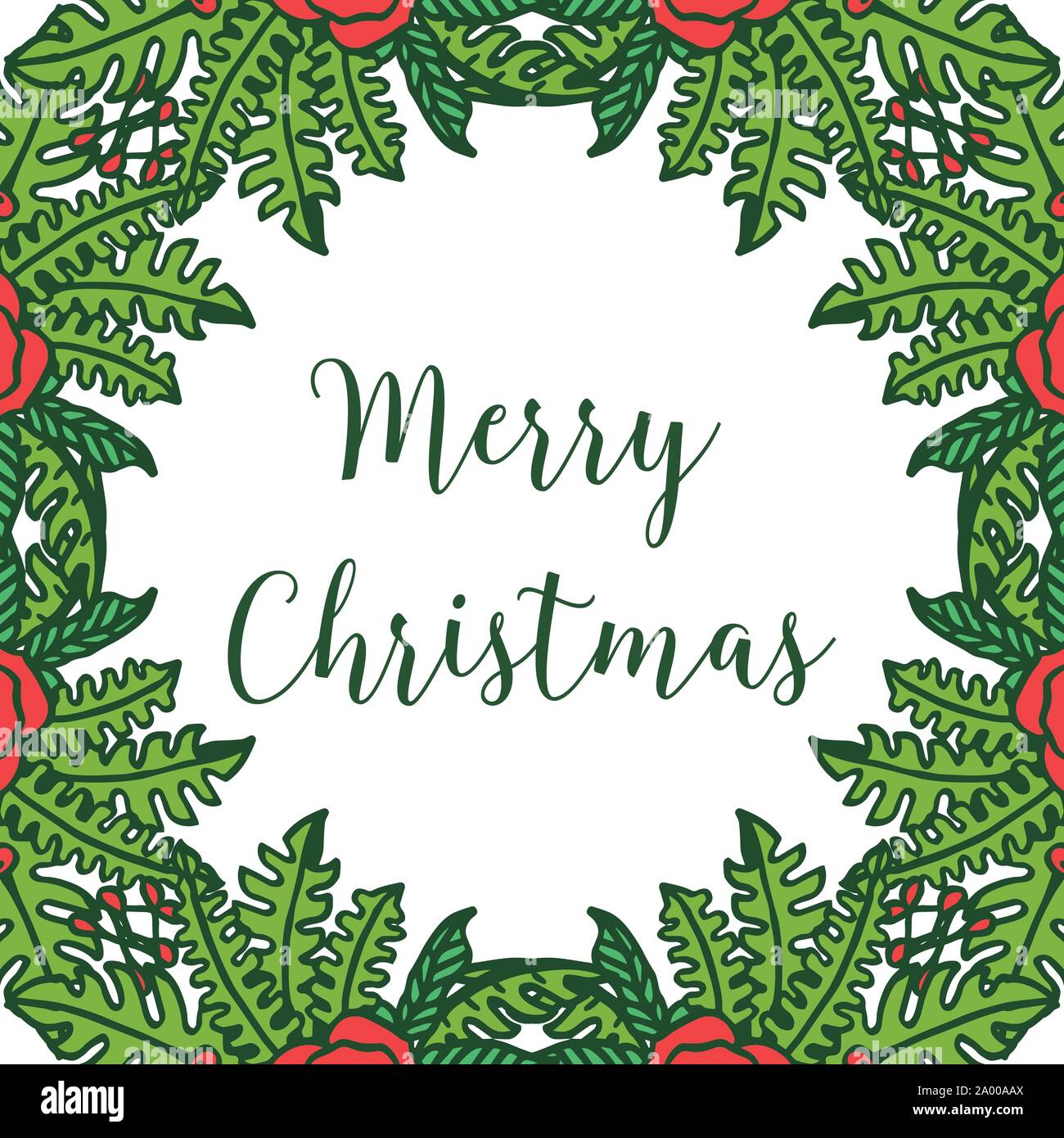 Greeting card merry christmas, style of green leaf flower frame ...