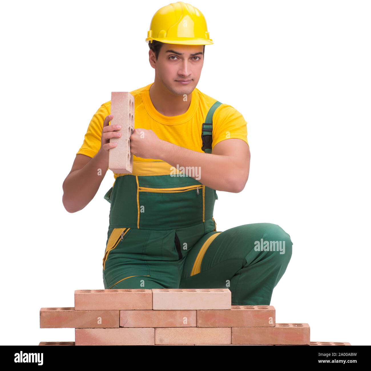 The the handsome construction worker building brick wall Stock Photo ...