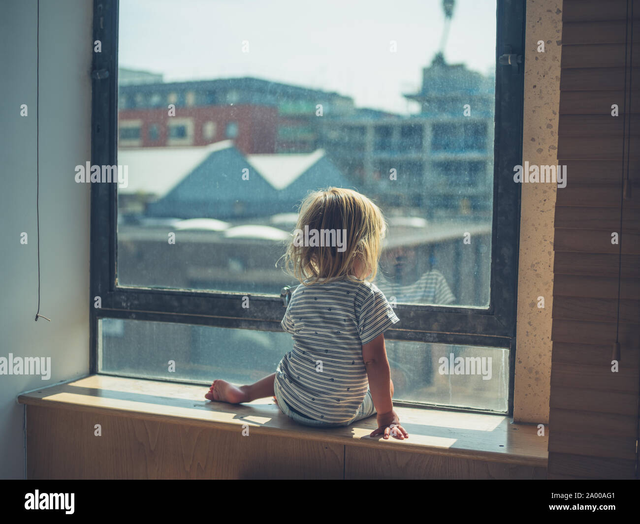A little toddler is sitting by the window in a city apartment looking ...