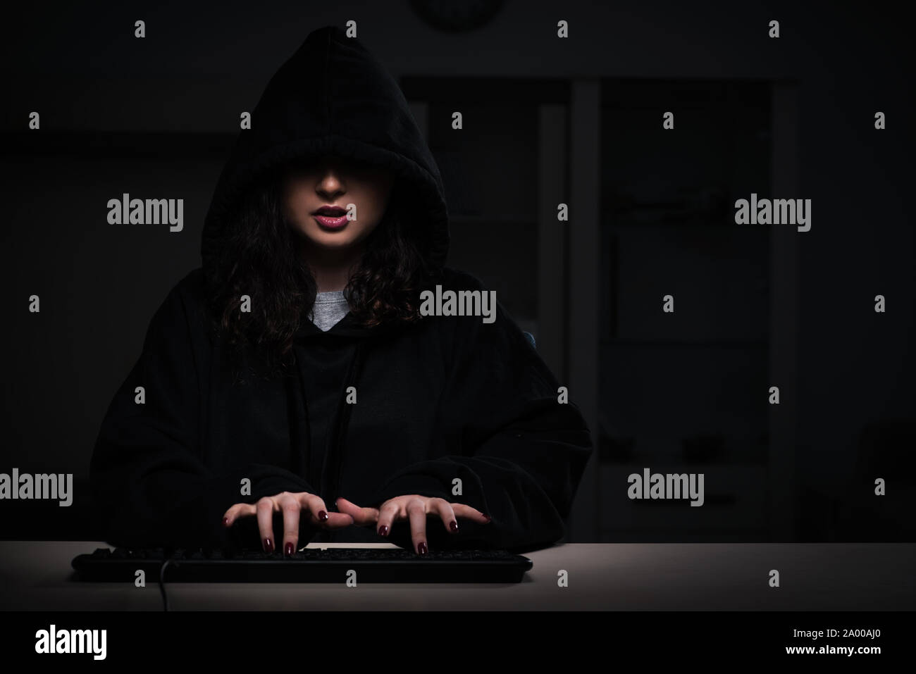 The female hacker hacking security firewall late in office Stock Photo ...
