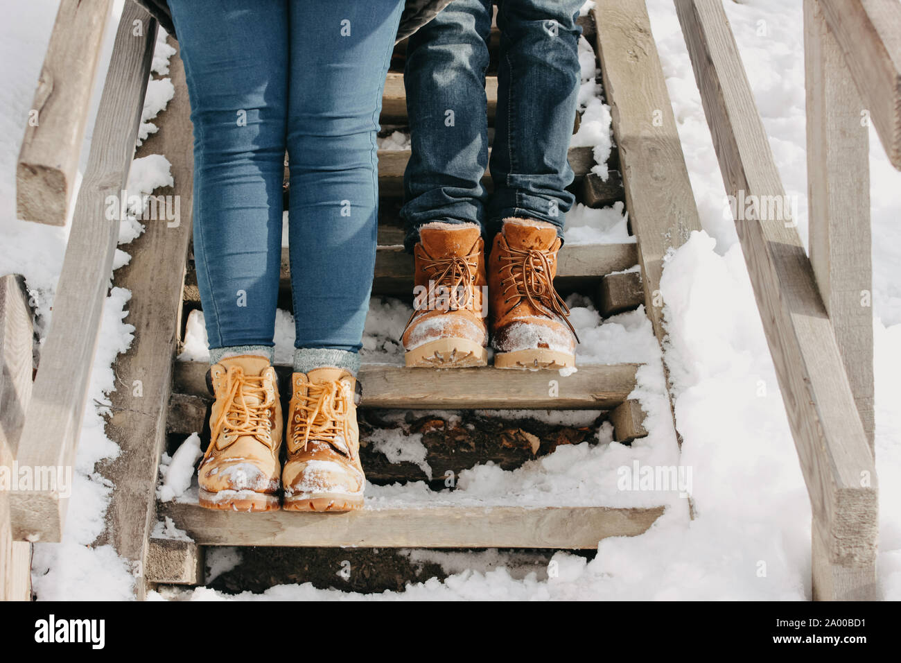 The crop photo of young couple at the nature park in the cold season ...