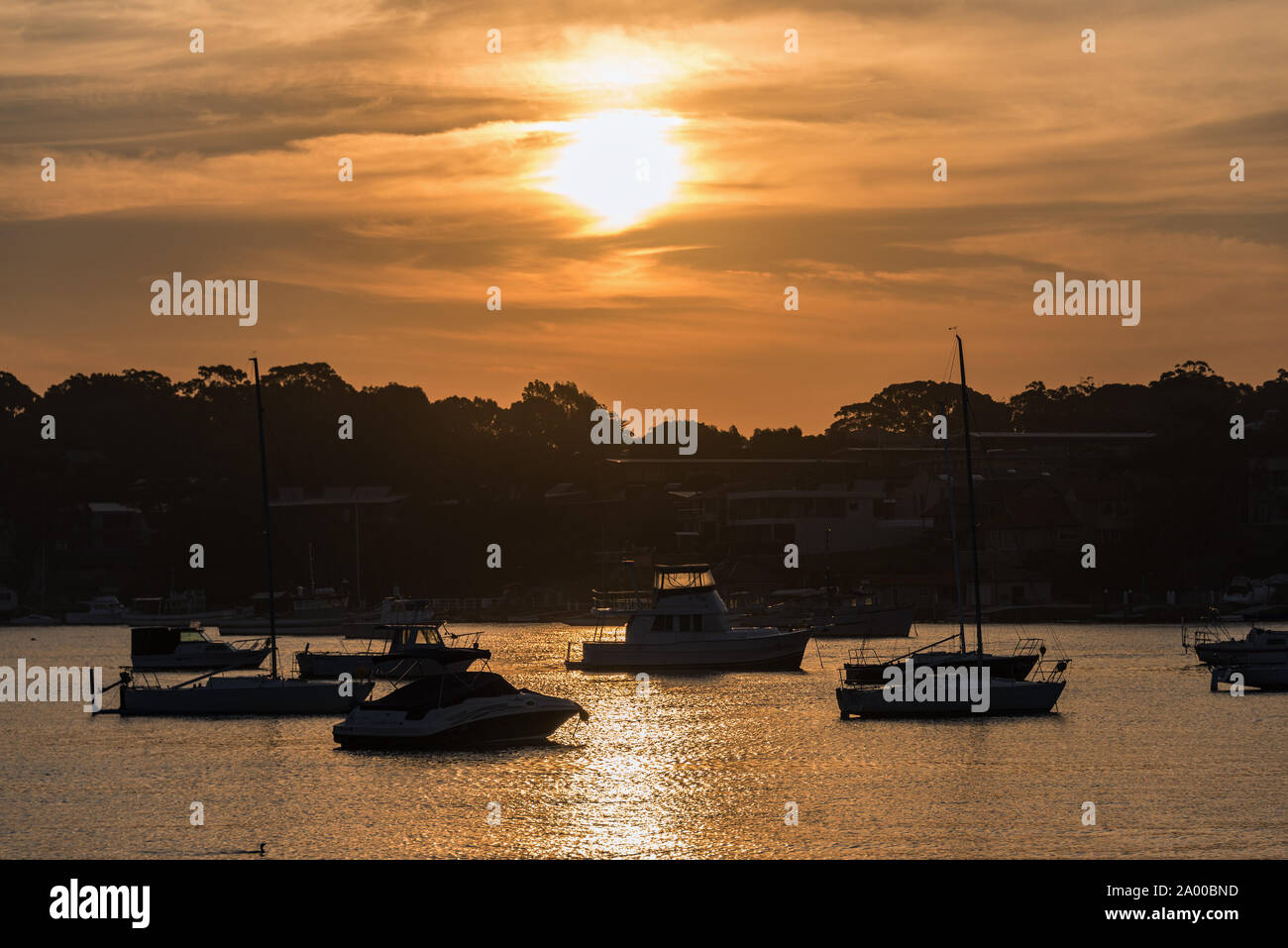 Yachts and boats silhouettes against colourful golden sunset sky on the ...