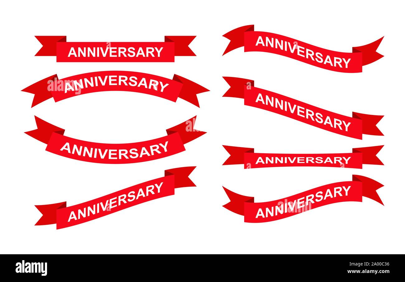 Set of red ribbons of different shapes with the inscription ANNIVERSARY ...