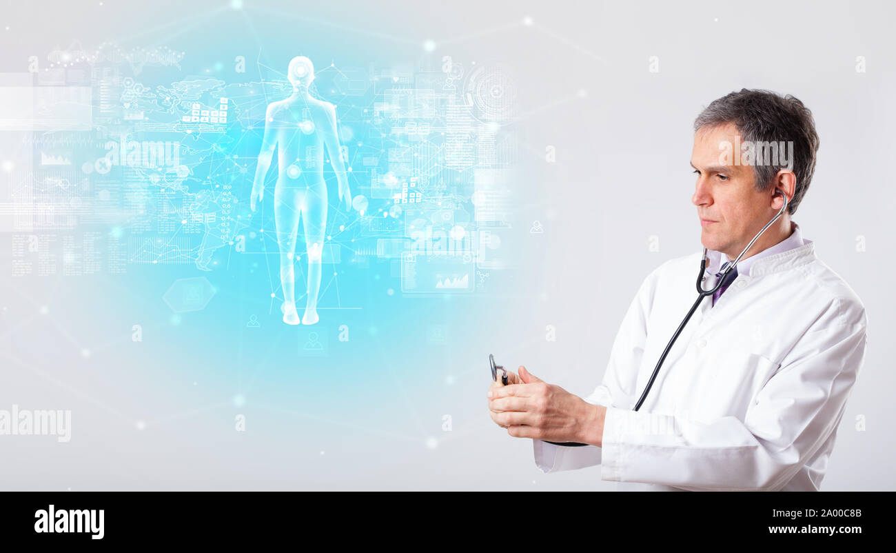 Middle aged scientist with full body map concept Stock Photo - Alamy