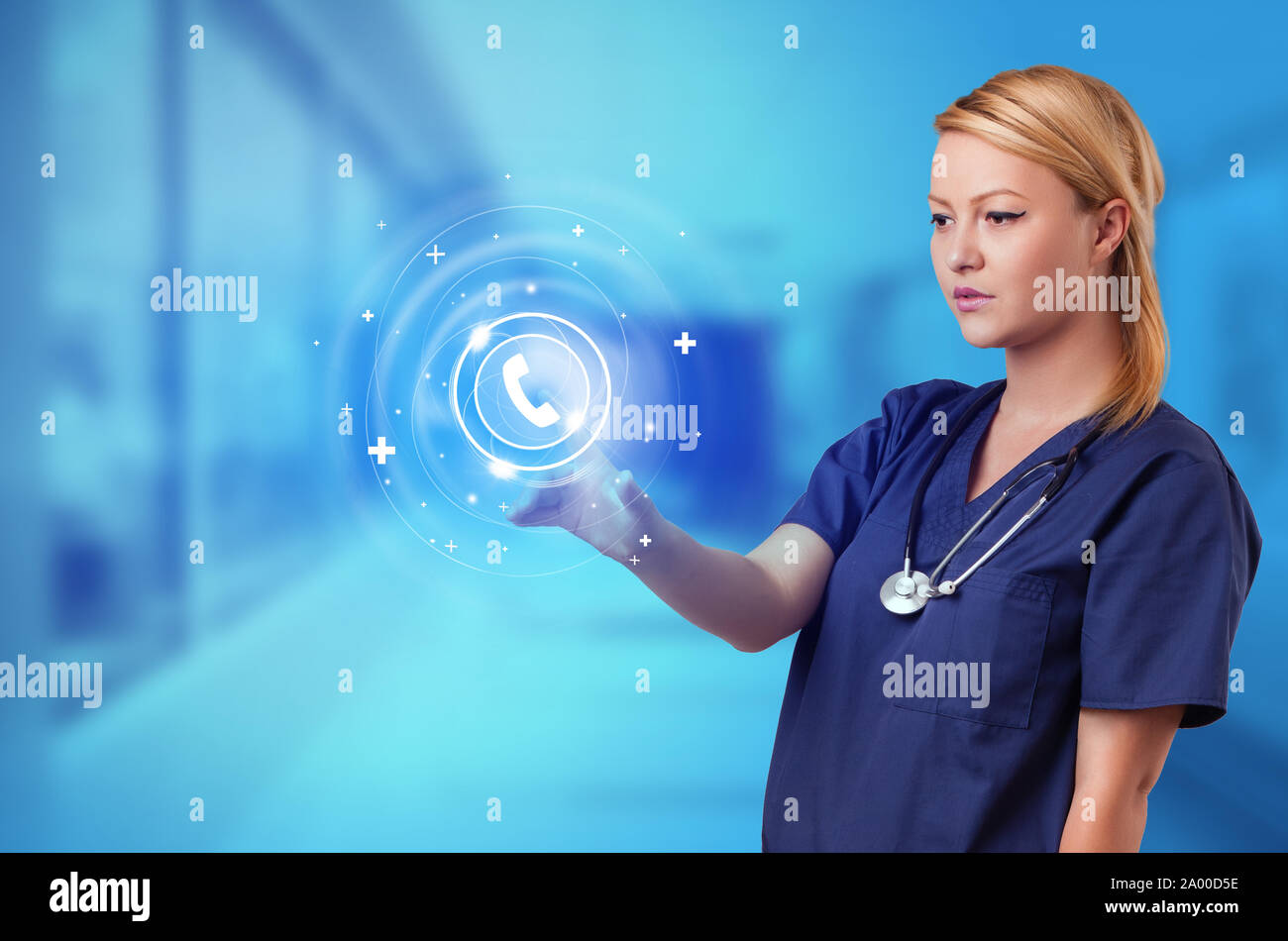 Doctor touching blue screen with call center concept Stock Photo - Alamy
