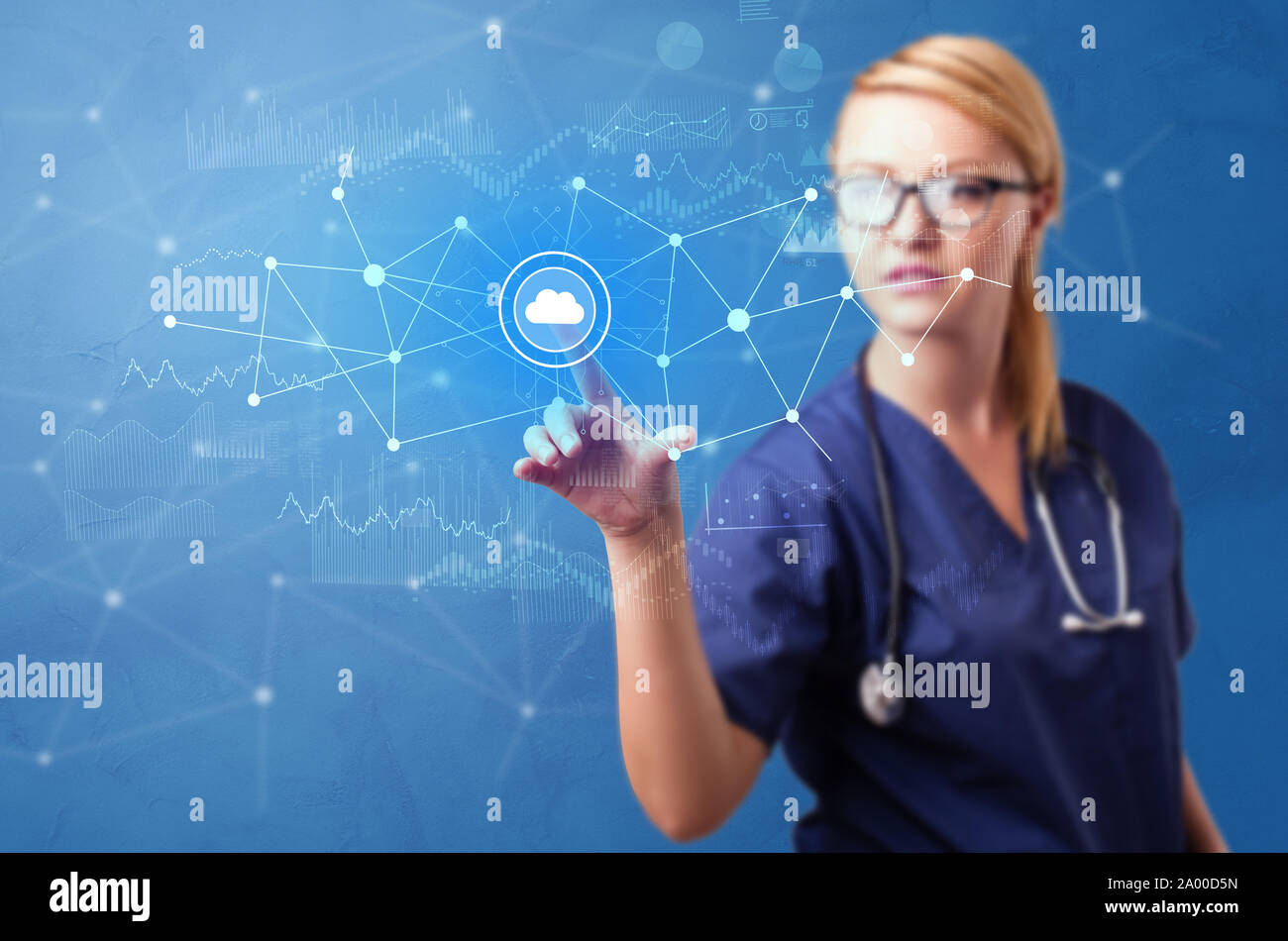 Doctor touching blue screen with virtual hospital concept Stock Photo ...