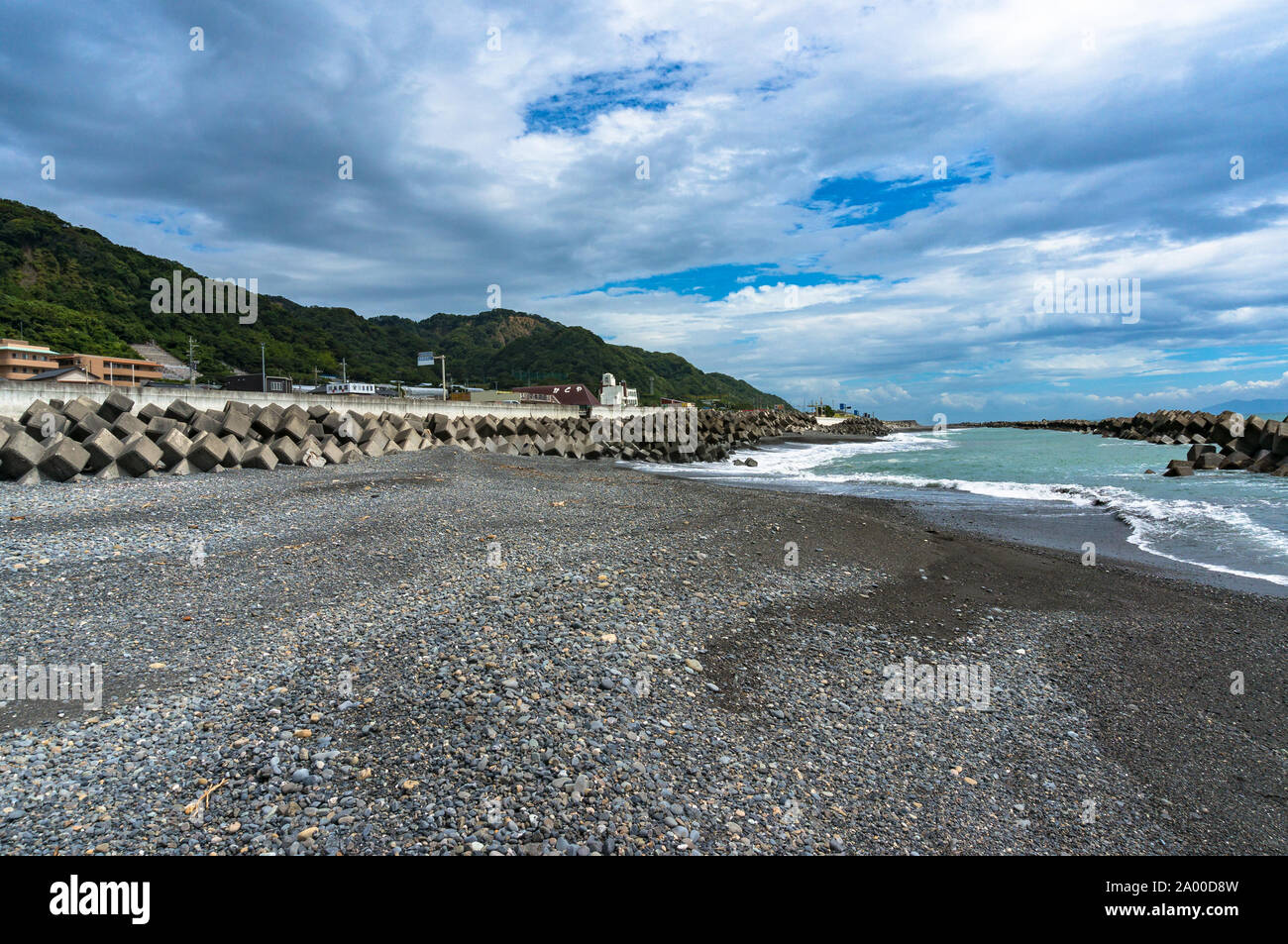 Rocky beach on summer day. Seascape of Suruga bay coastline. Shizuoka ...