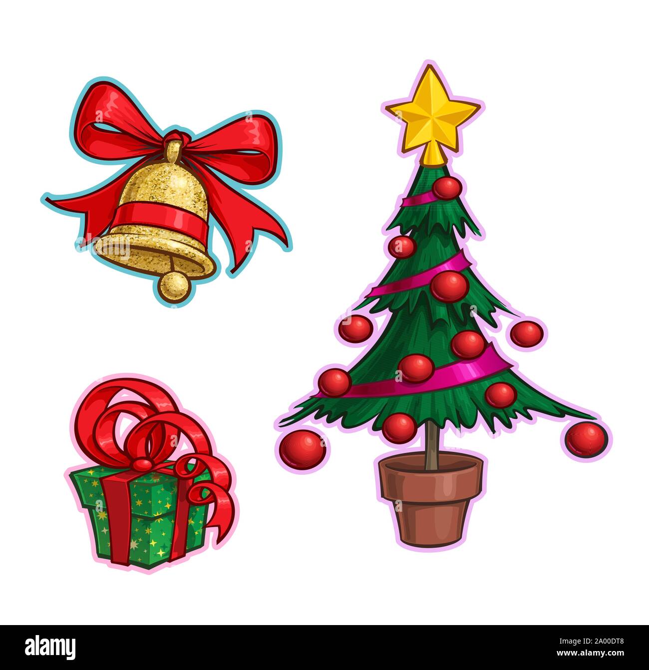Vector Cartoon Icon set of a Glitter Golden Christmas Bell, a red ...