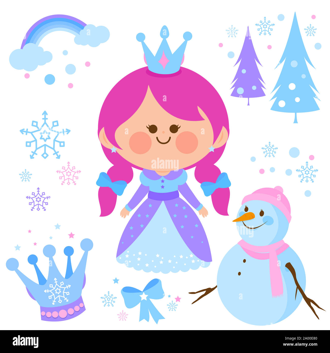 Beautiful snow princess and snowman illustration collection Stock Photo ...