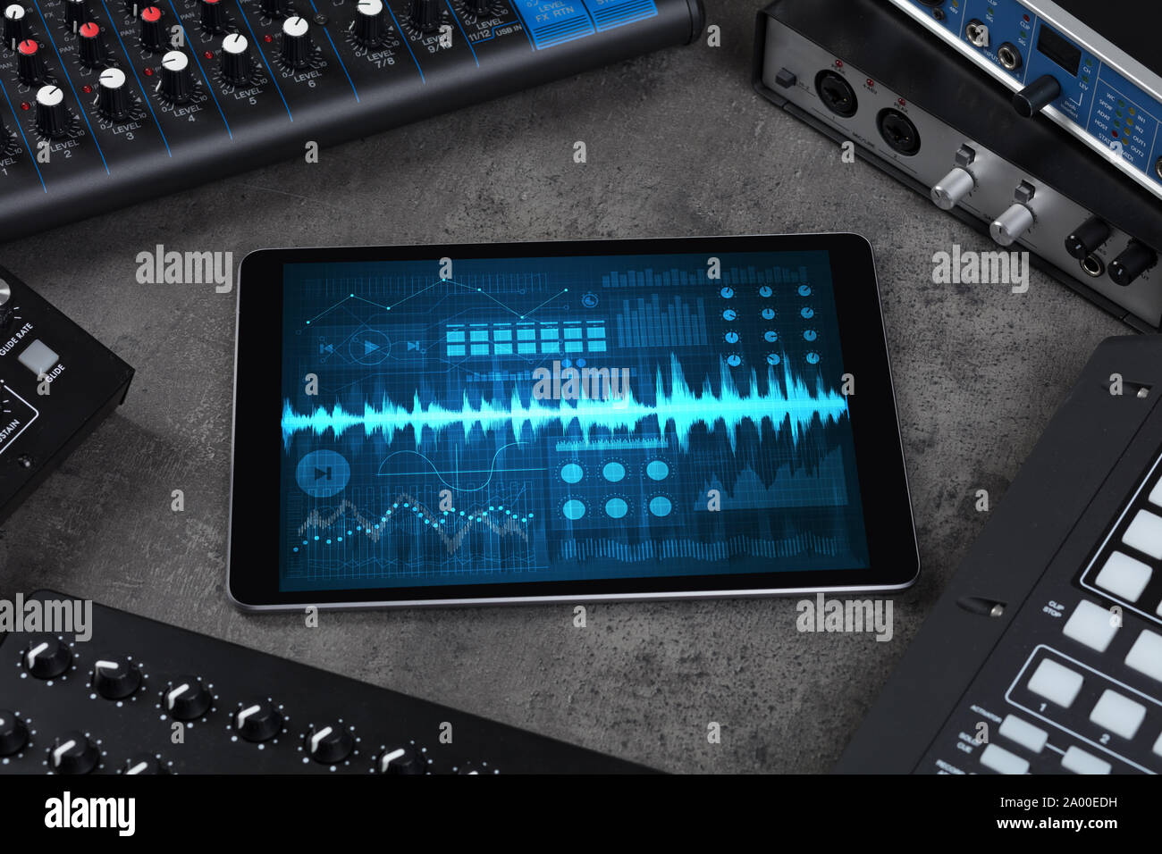 Music instruments and tablet with recording sound concept Stock Photo ...