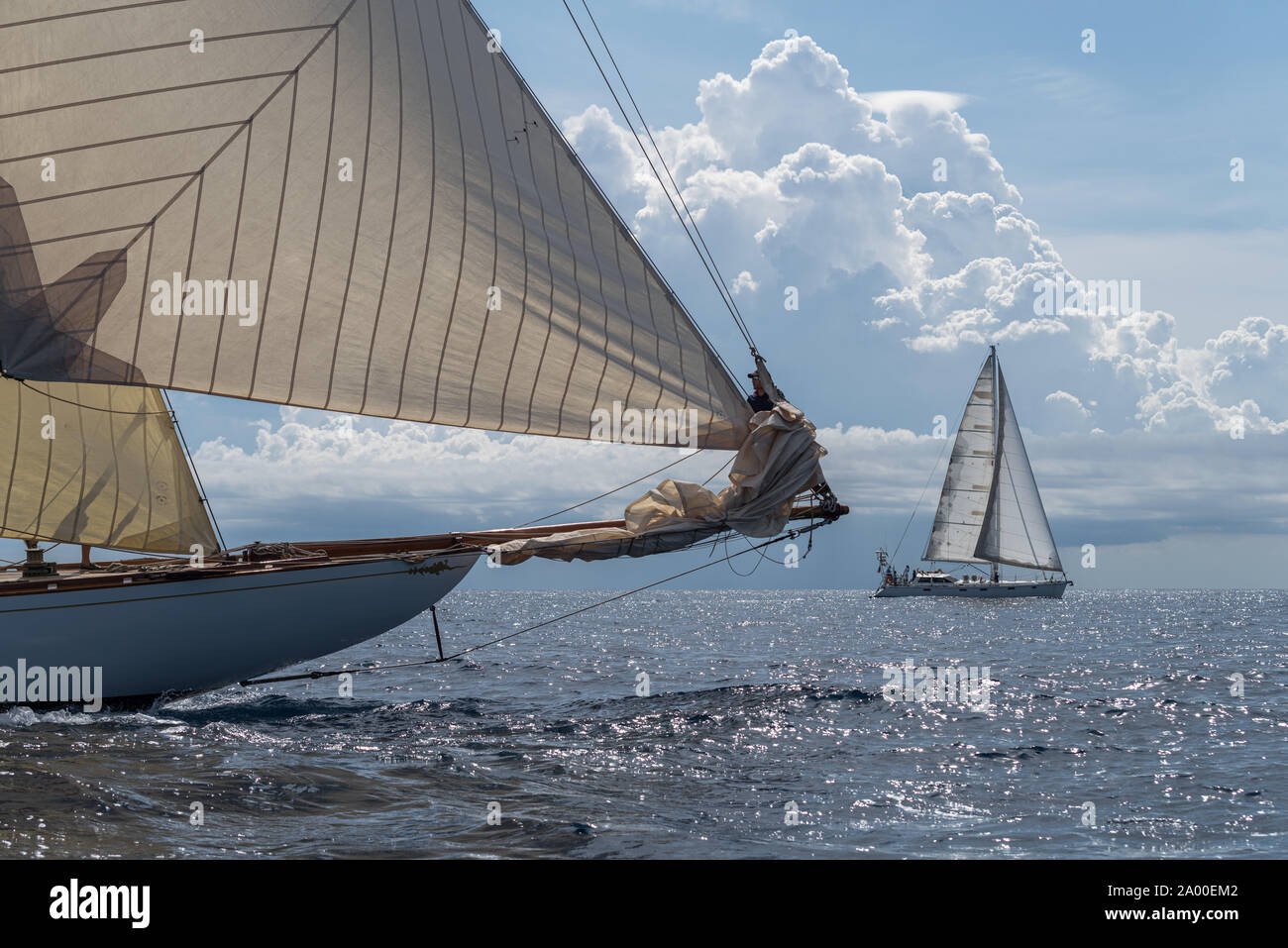Tuiga sailboat, flagship of the Monaco Yacht Club, during racing in ...