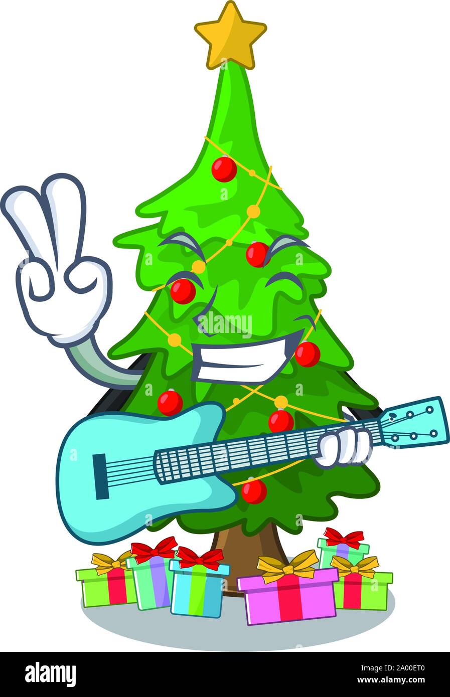 With guitar christmas tree next to cartoon table Stock Vector Image ...