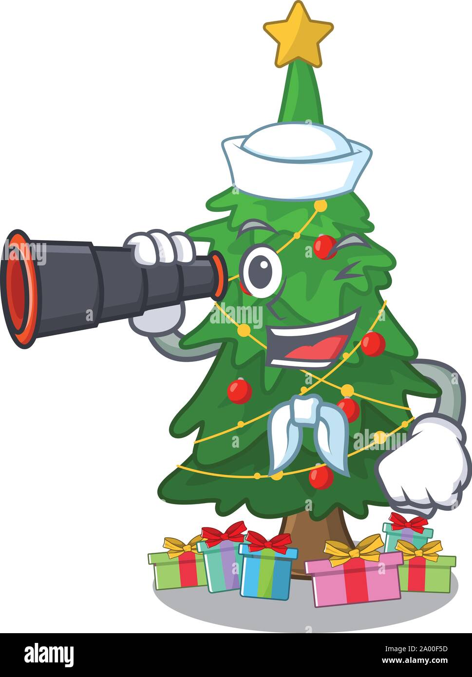Sailor with binocular christmas tree next to cartoon table Stock Vector ...