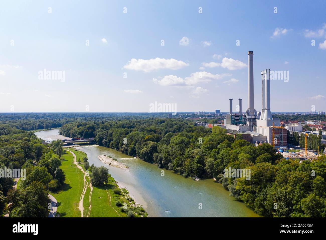 Brudermuhl bridge over the Isar river and southern cogeneration plant ...
