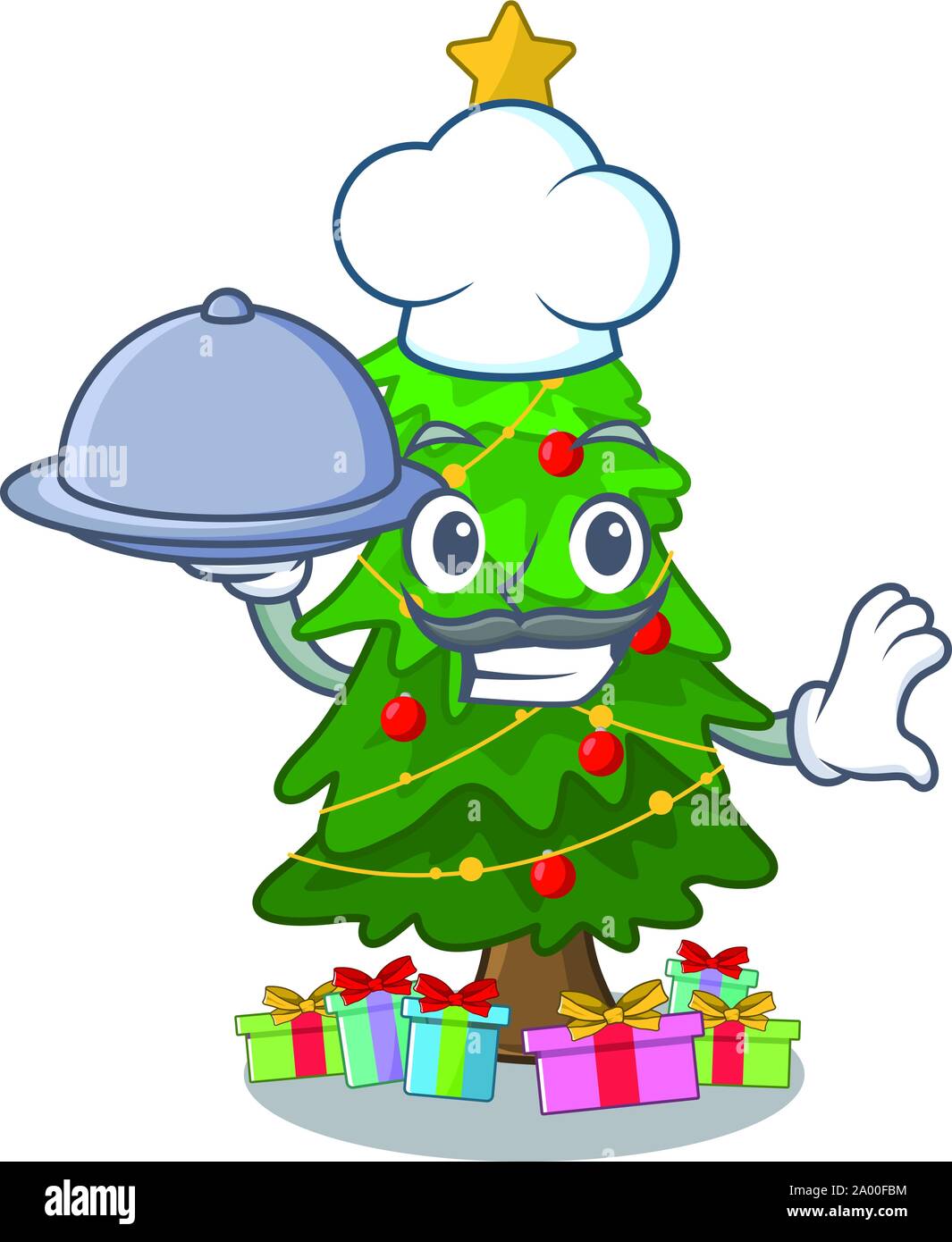 Chef with food christmas tree next to cartoon table Stock Vector Image ...