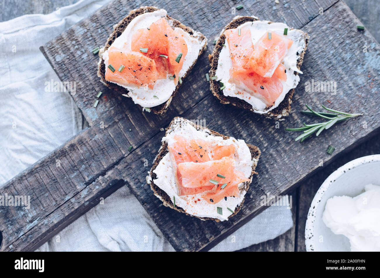 Healthy breakfast - toast with rye bread, salmon and cream cheese Stock ...