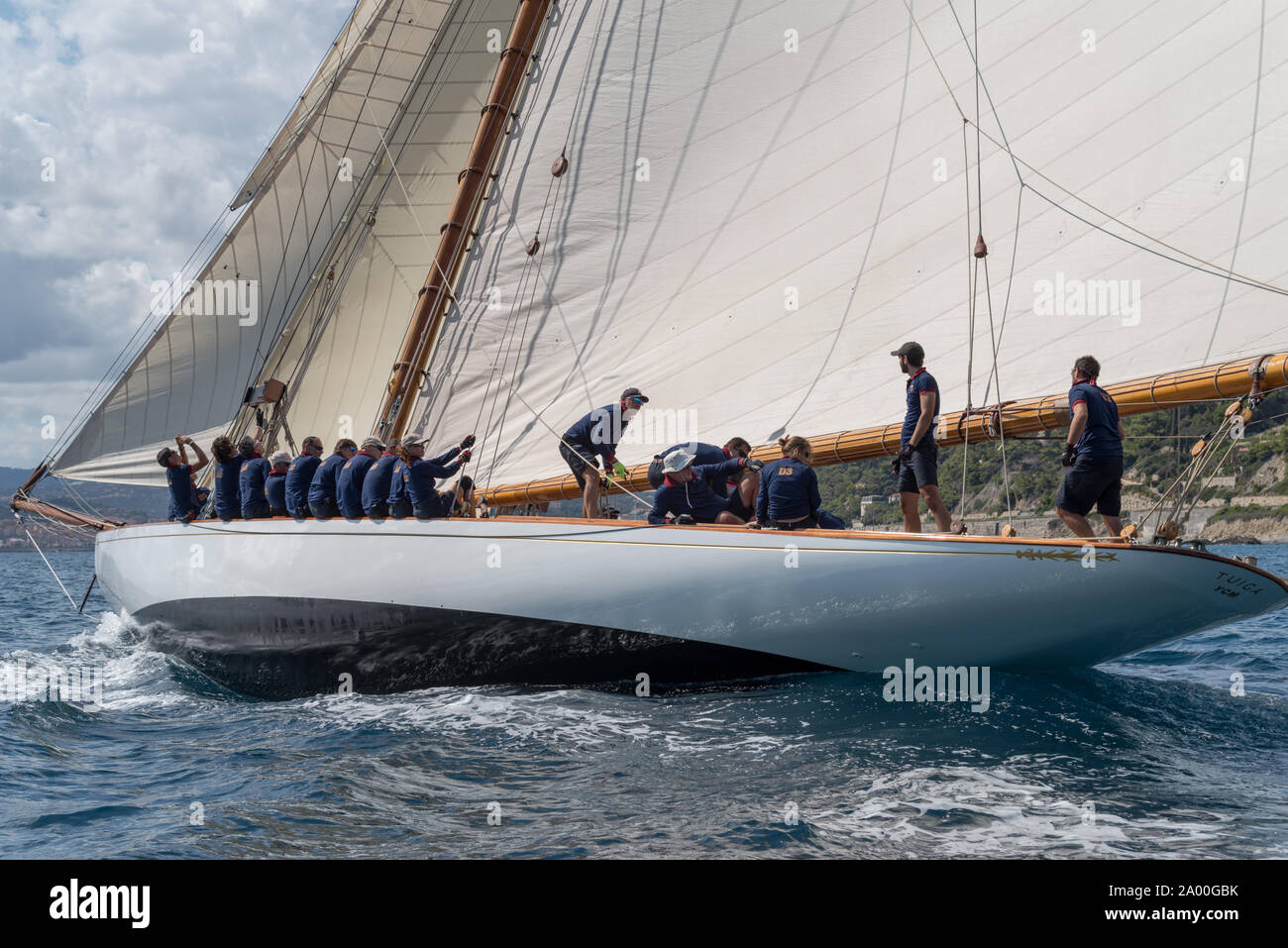 Crew members aboard on sailboat Tuiga, flagship of the Monaco Yacht ...