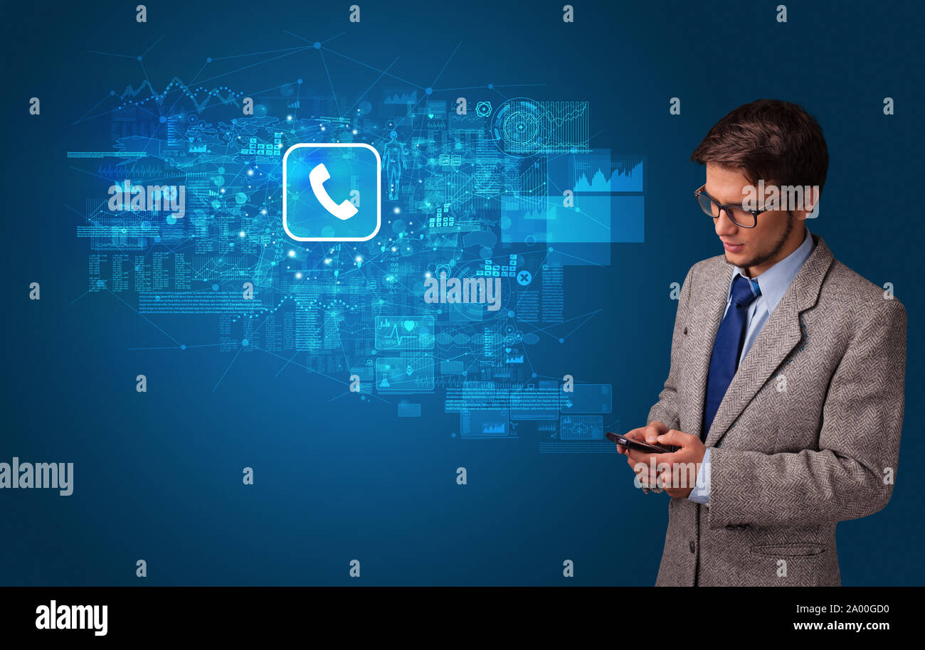 Young person using phone with mail and online communication concept ...