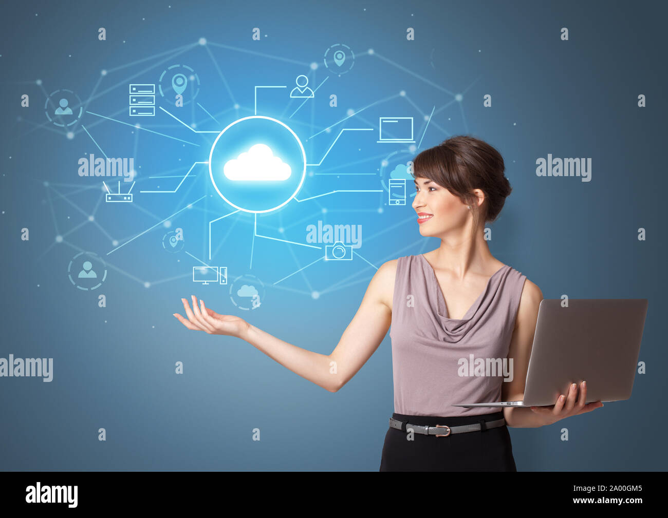 Young smiling person presenting office cloud technology concept Stock ...