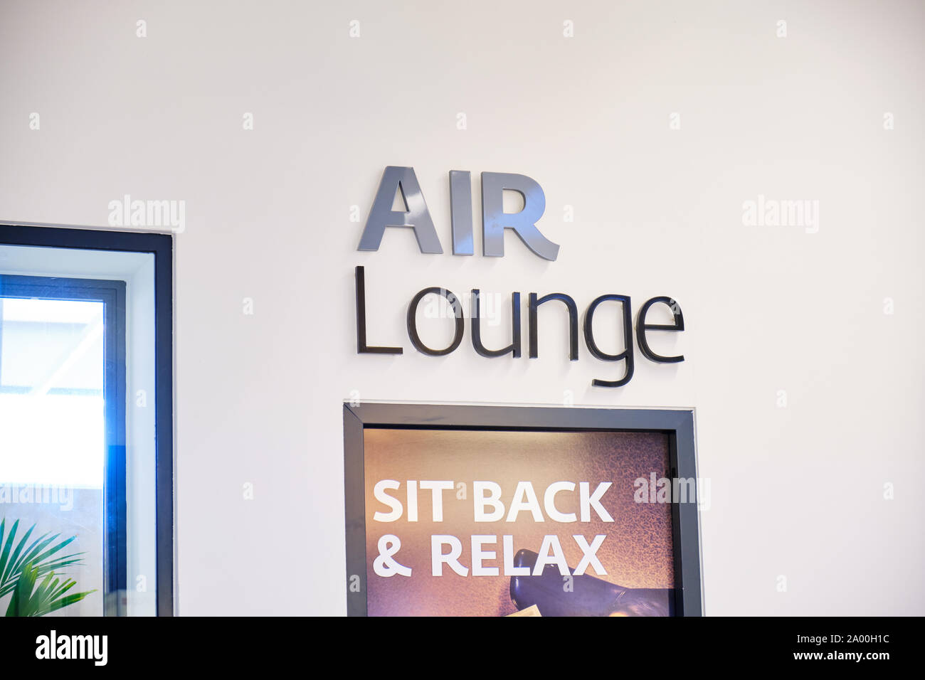 Vienna, Austria - September 15, 2019: Air lounge sign and a corner of a ...