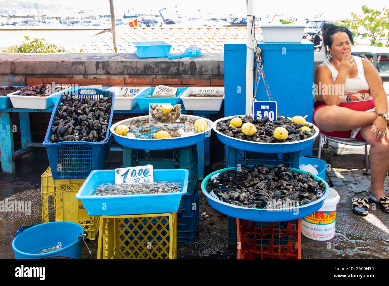 At Naples - Italy - On july 2019 - Seafood market at Mergellina Stock ...